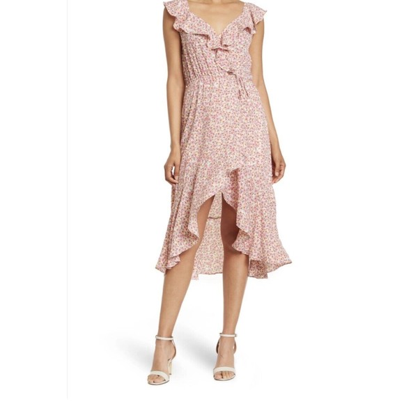 Socialite | Dresses | Socialite Pink Floral Print Ruffled Faux Wrap ...